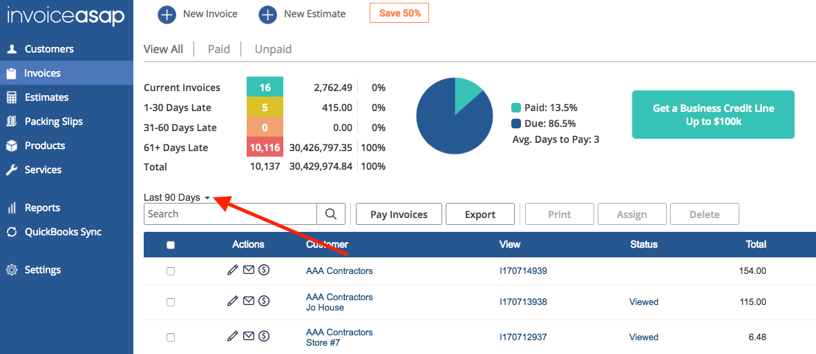 Web Dashboard: Only Displaying Last 90 Days Invoices – InvoiceASAP Support