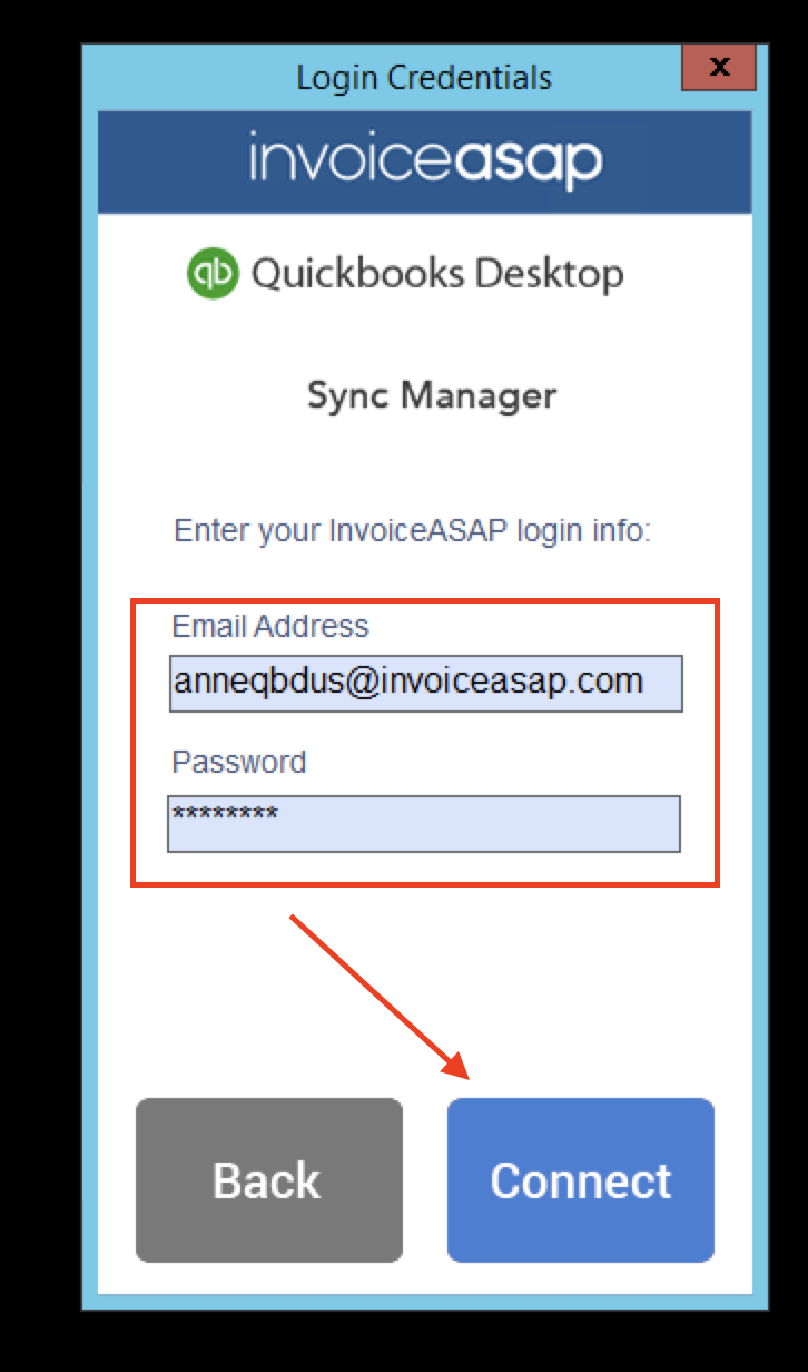 Sync Error: Unable to log into InvoiceASAP. Please close the Connector ...