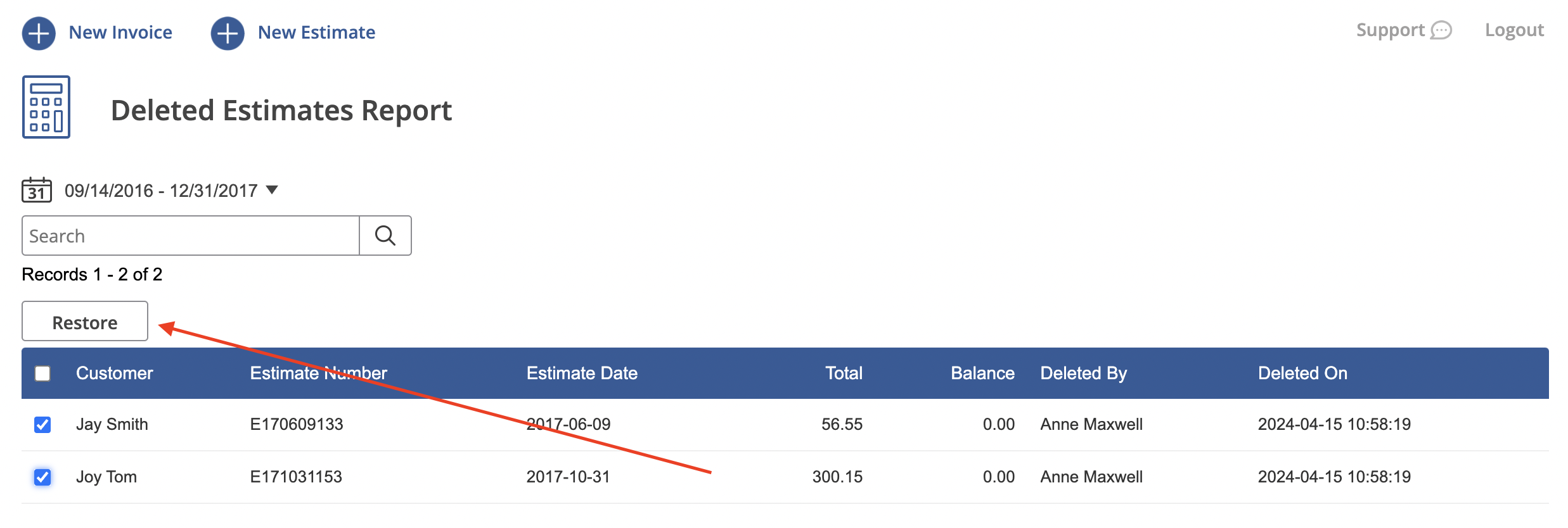 Web Dashboard: Restore Deleted Estimates – InvoiceASAP Support