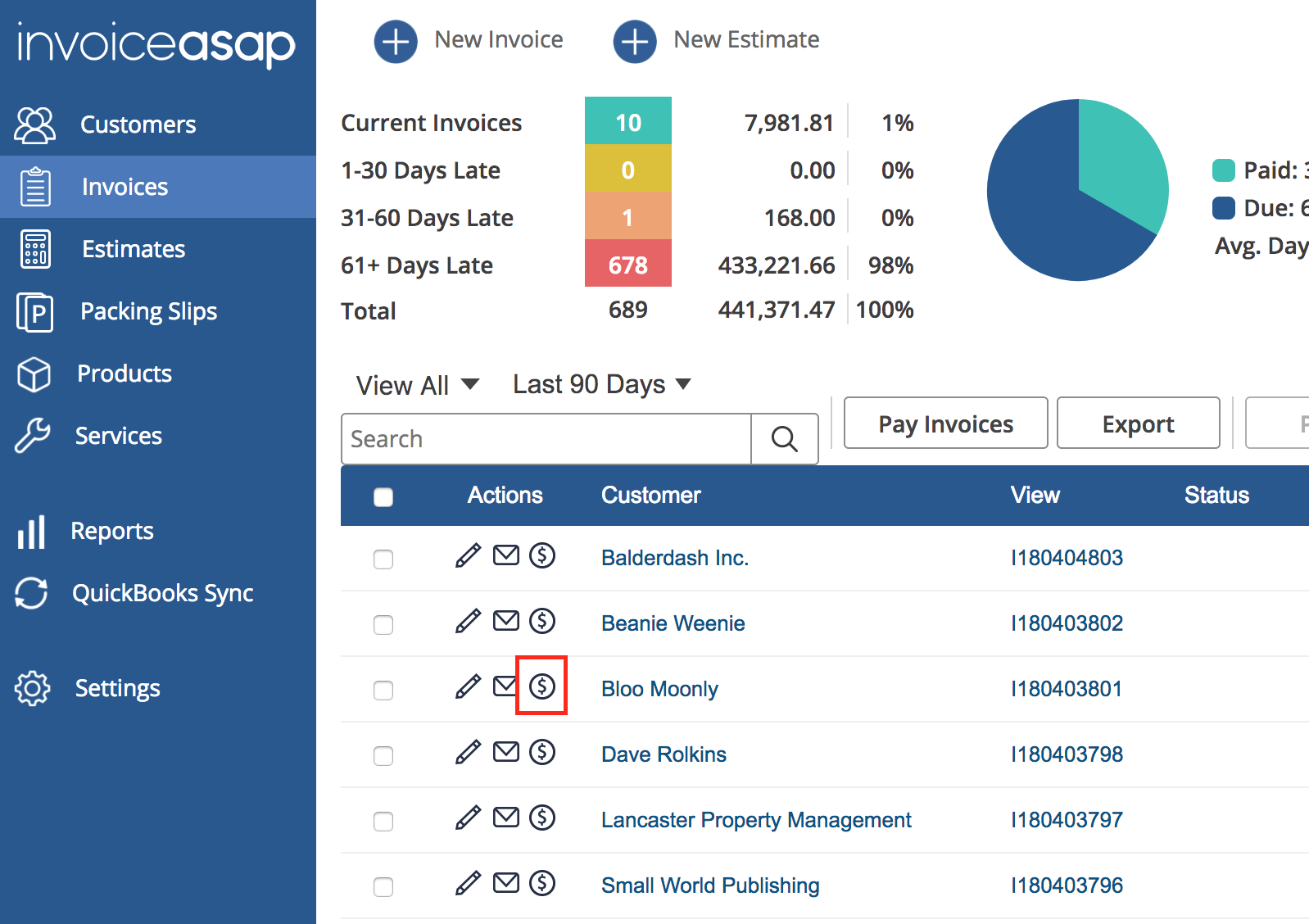 Web Dashboard: Paying a Single Invoice from Pay Icon on Invoices List ...