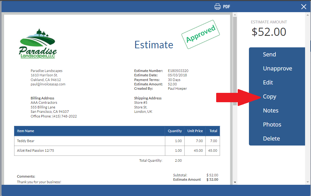 Web Dashboard: Copy an Estimate to an Invoice – InvoiceASAP Support