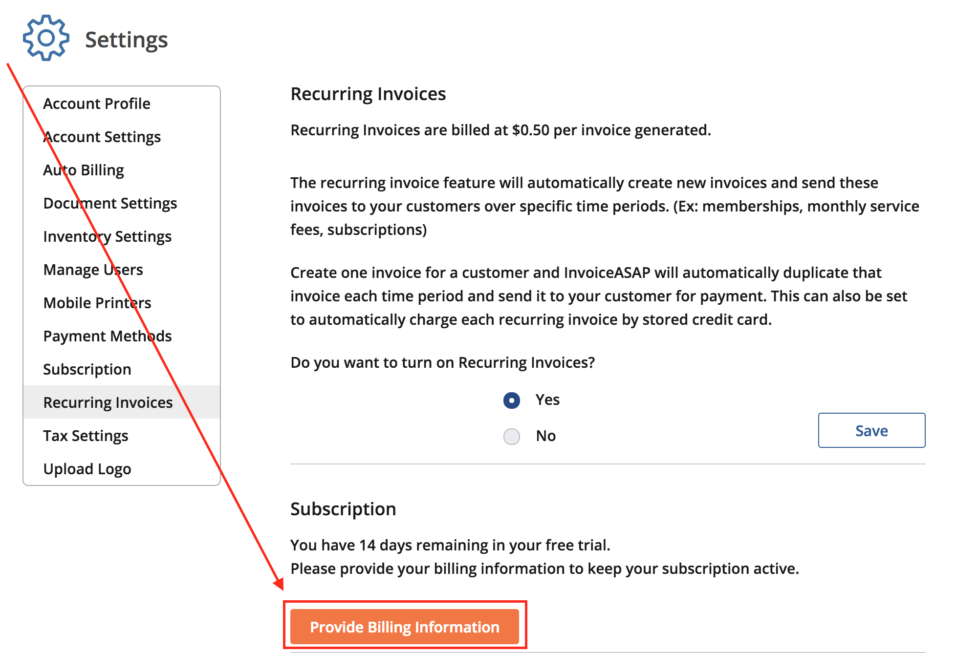 Web Dashboard: Signing up for Recurring Invoices – InvoiceASAP Support