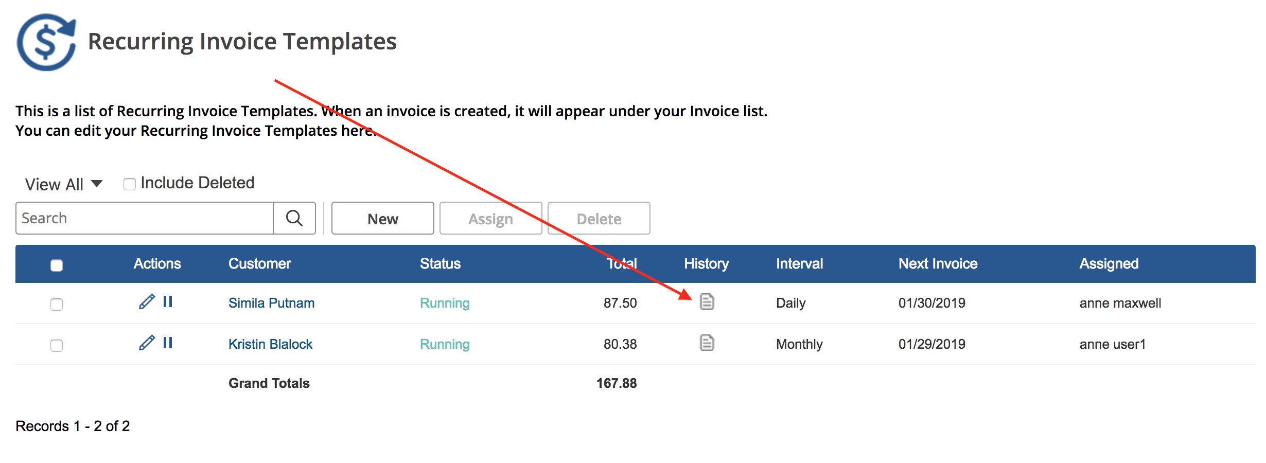 Web dashboard: View Invoices Generated from a Recurring Template ...