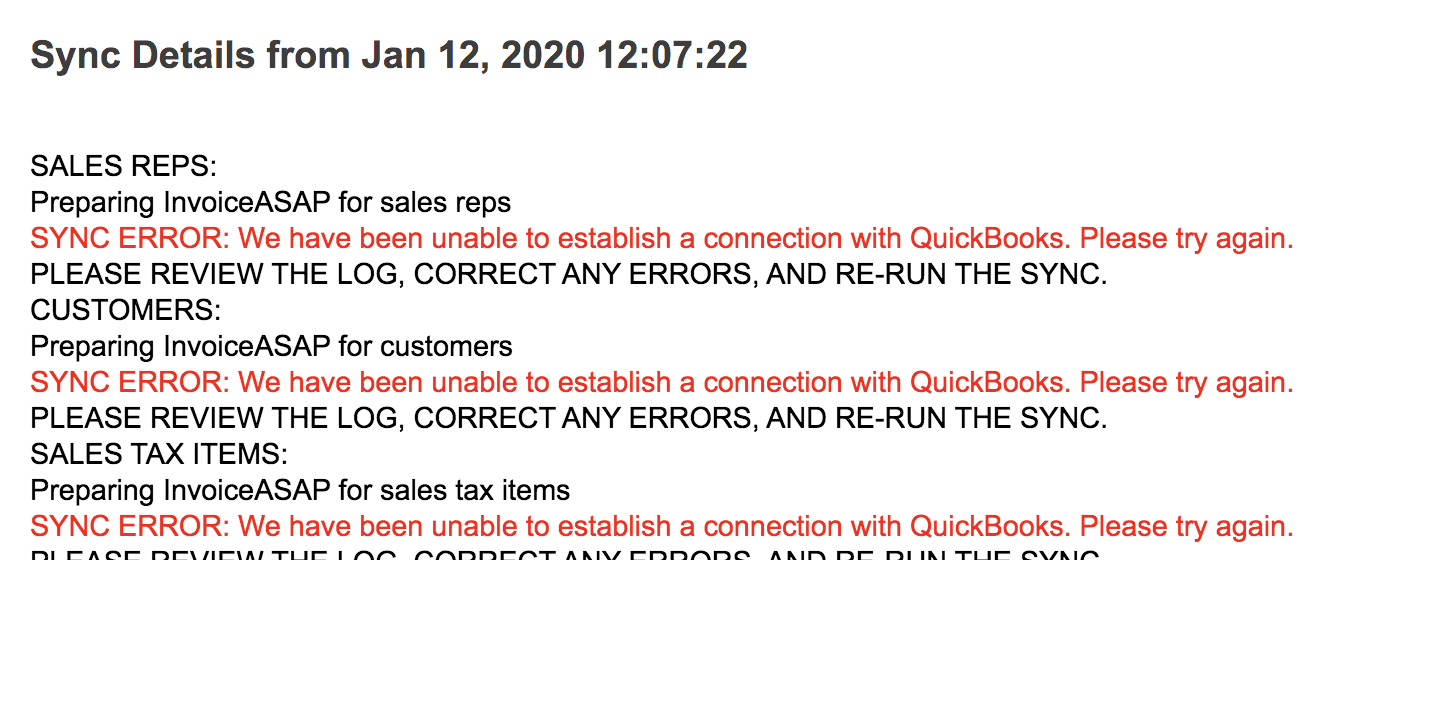 Sync Error: We have been unable to establish a connection with ...